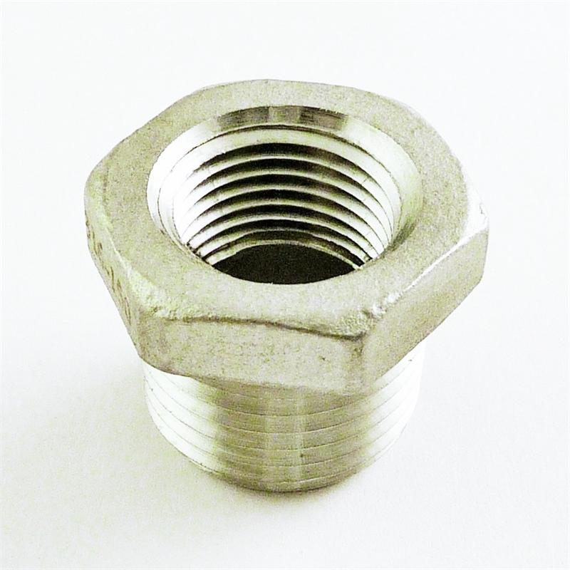 1/2" Male NPT x 3/8" Female NPT Stainless Hex Bushing