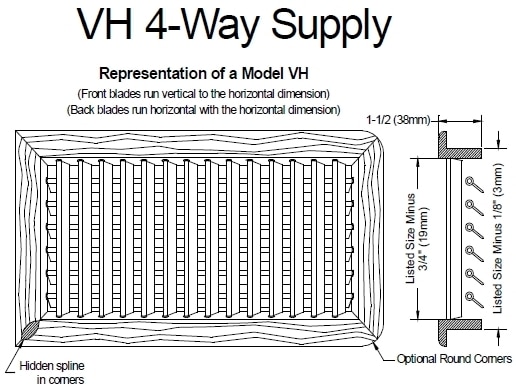 VHT6x4 Supply Air Grille, Teak, 4-Way 6" x 4" by MSI